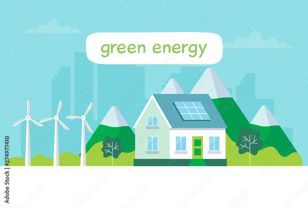Green energy illustration with a house, solar panels, wind turbines ...