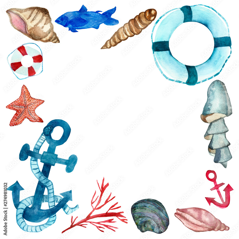 Watercolor marine frame. Square frame with insulated hand painted ...