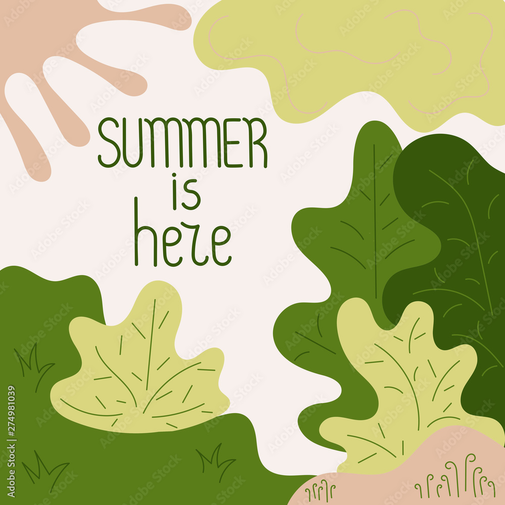 Summer is here. Lawn, edge of the forest. Children's drawing, hand ...
