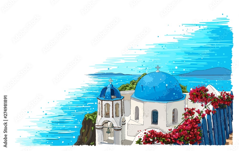 Greece summer island landscape with traditional greek church. Santorini ...