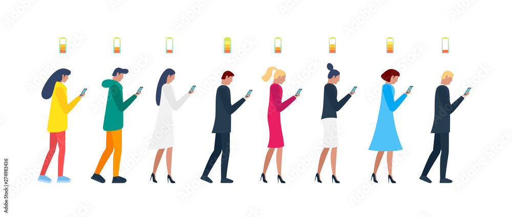Crowd men and women walking with smartphones. Male and female ...