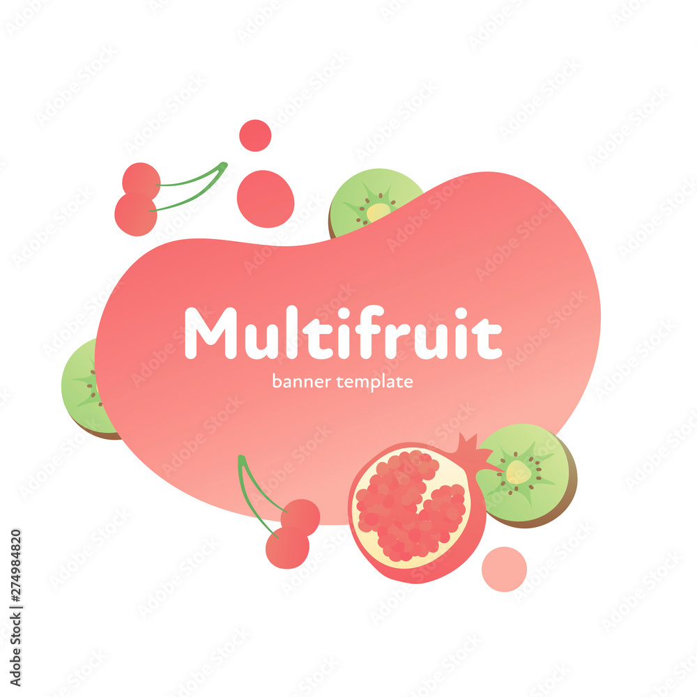 Vector multifruit modern fluid banner. Colorful gradient cherry, kiwi ...