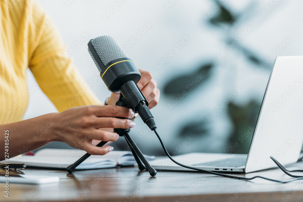 cropped view of radio host adjusting microphone while sitting at ...