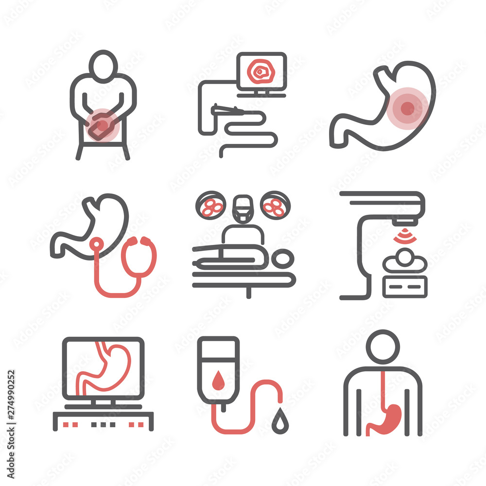 Stomach cancer line icons. Symptoms and diagnosis. Medical infographics ...