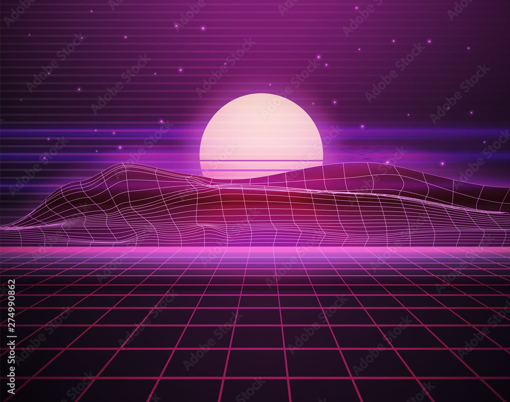 Fototapeta Scifi virtual reality landscape in 80s digital ...