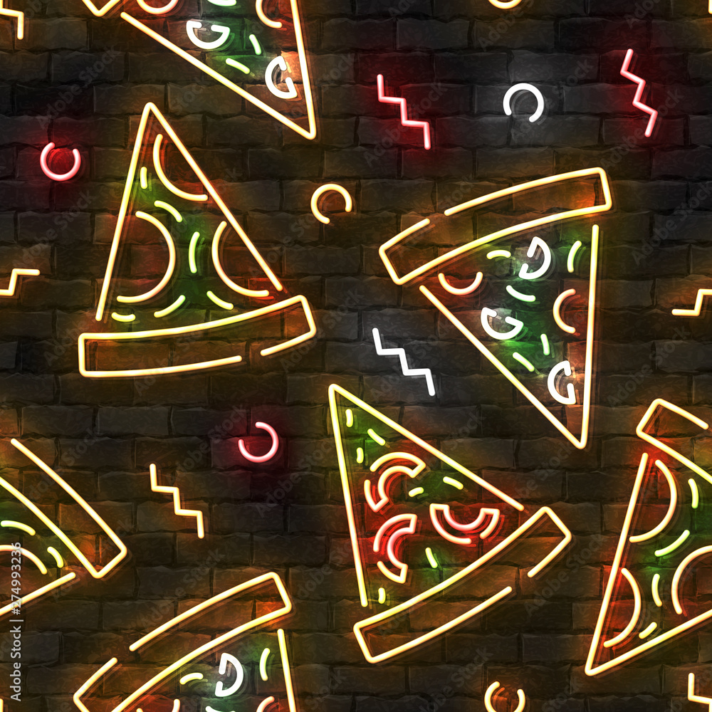 Vector realistic isolated neon sign of Pizza on a wall seamless pattern ...