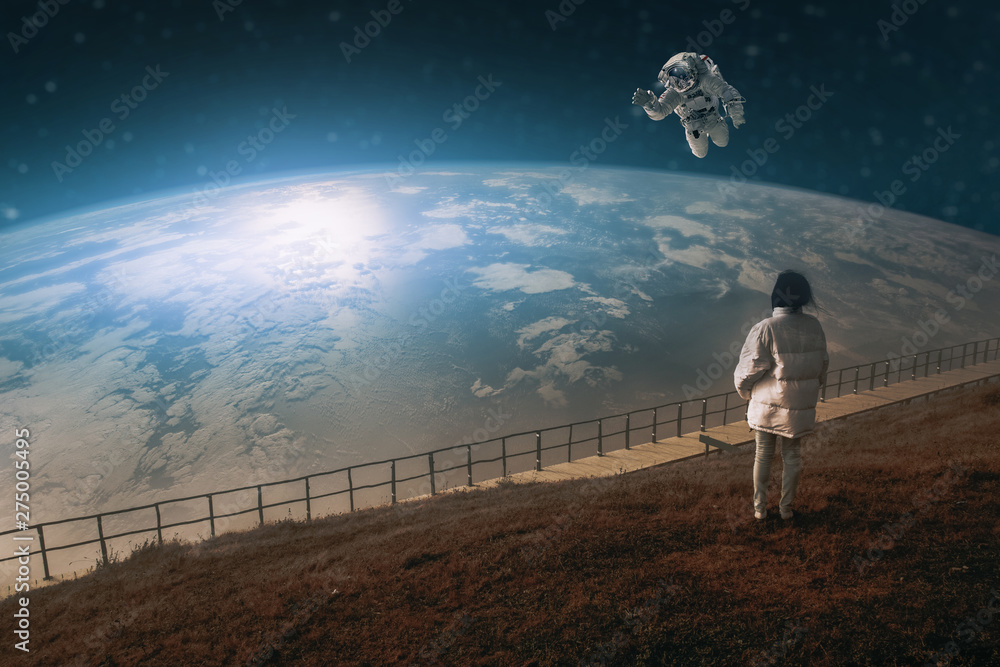 Tourist group stand on earth background. concept abstract ,science ...