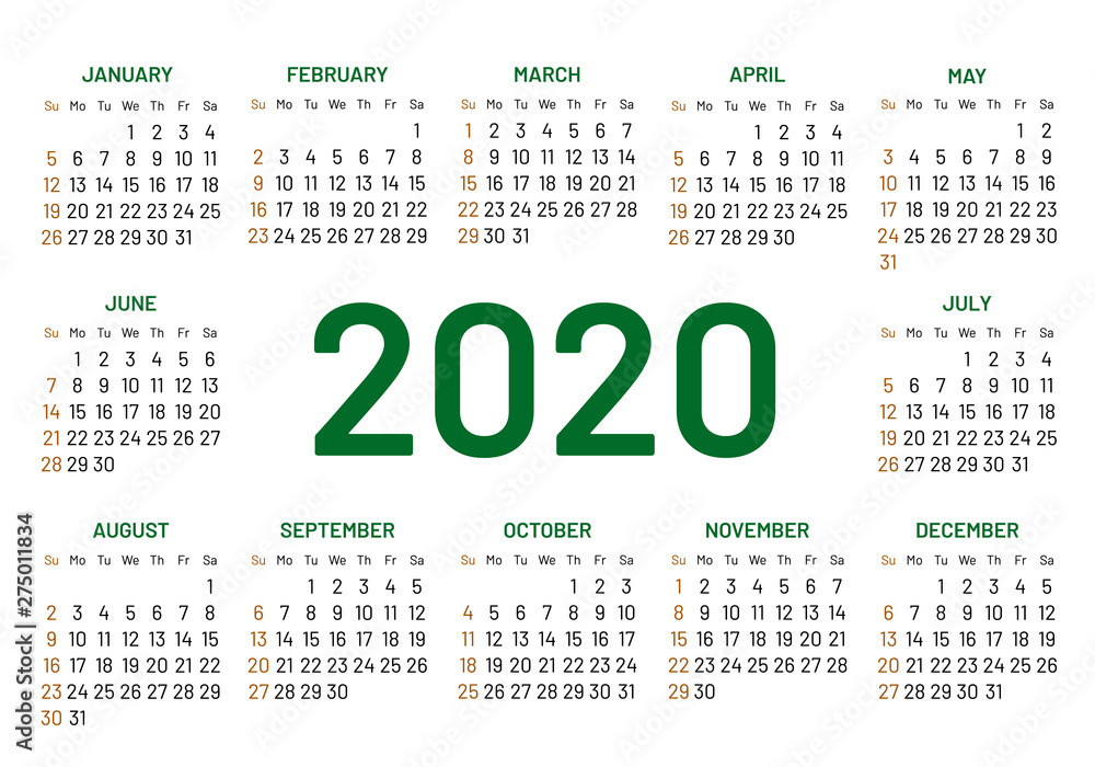 Pocket calendar layout for 2020 year. English template with dates grid ...
