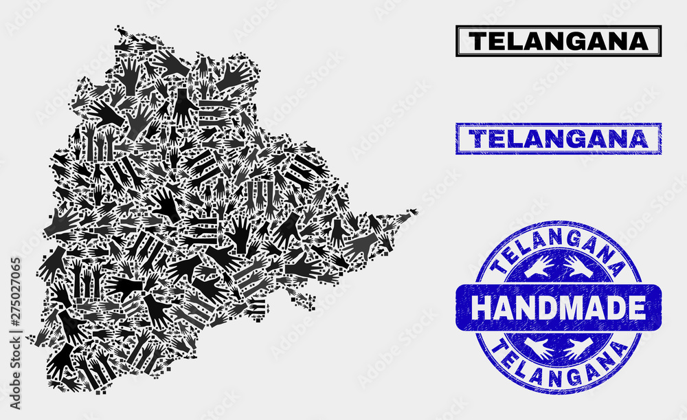Vector handmade collage of Telangana State map and scratched stamp ...