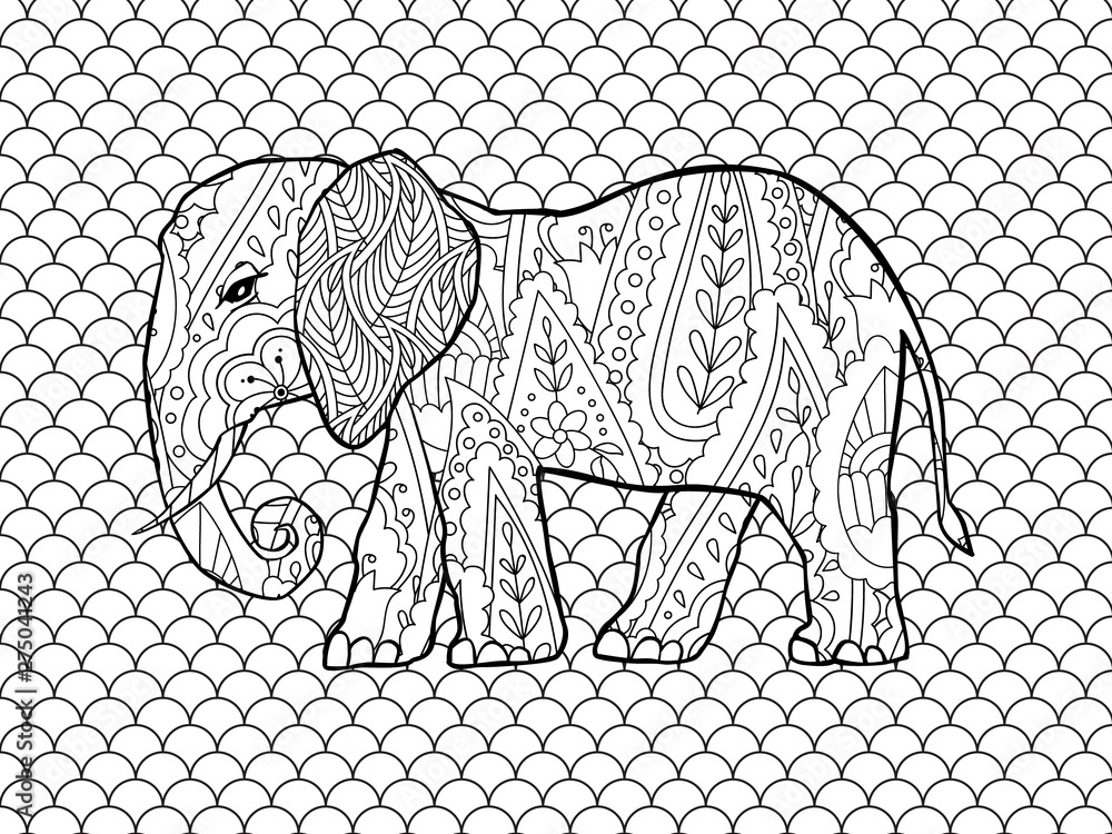 Coloring page with doodle style elephant in zentangle inspired style ...