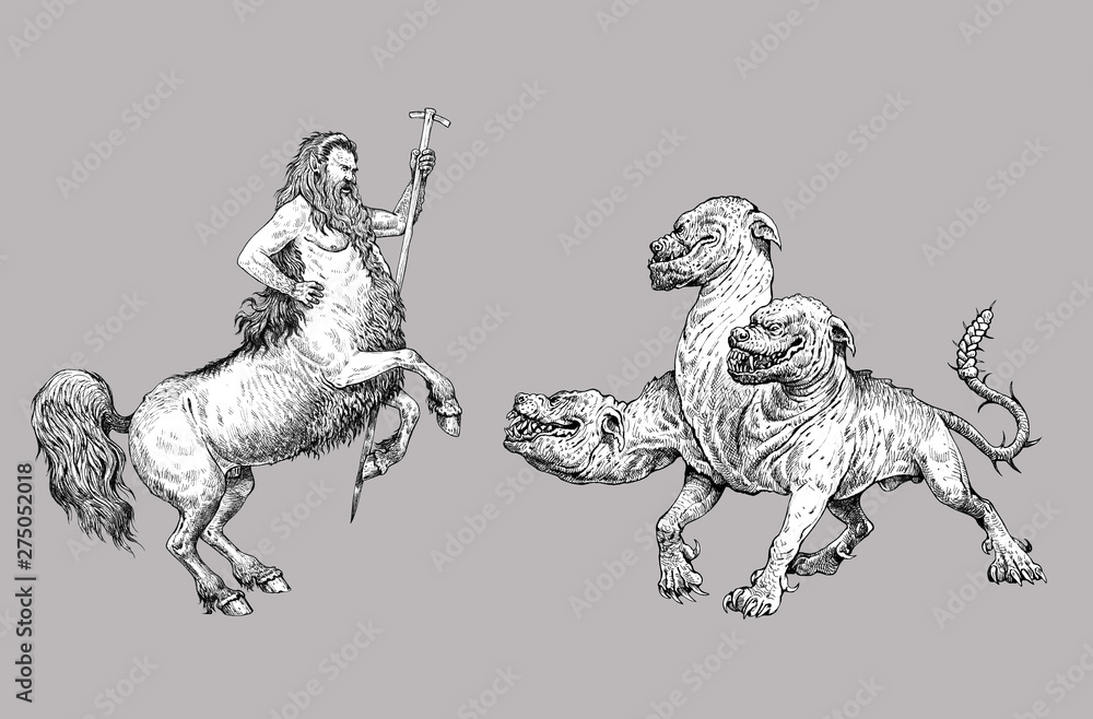 Monster illustration. Multi headed dog Cerberus and Centaur comparison ...