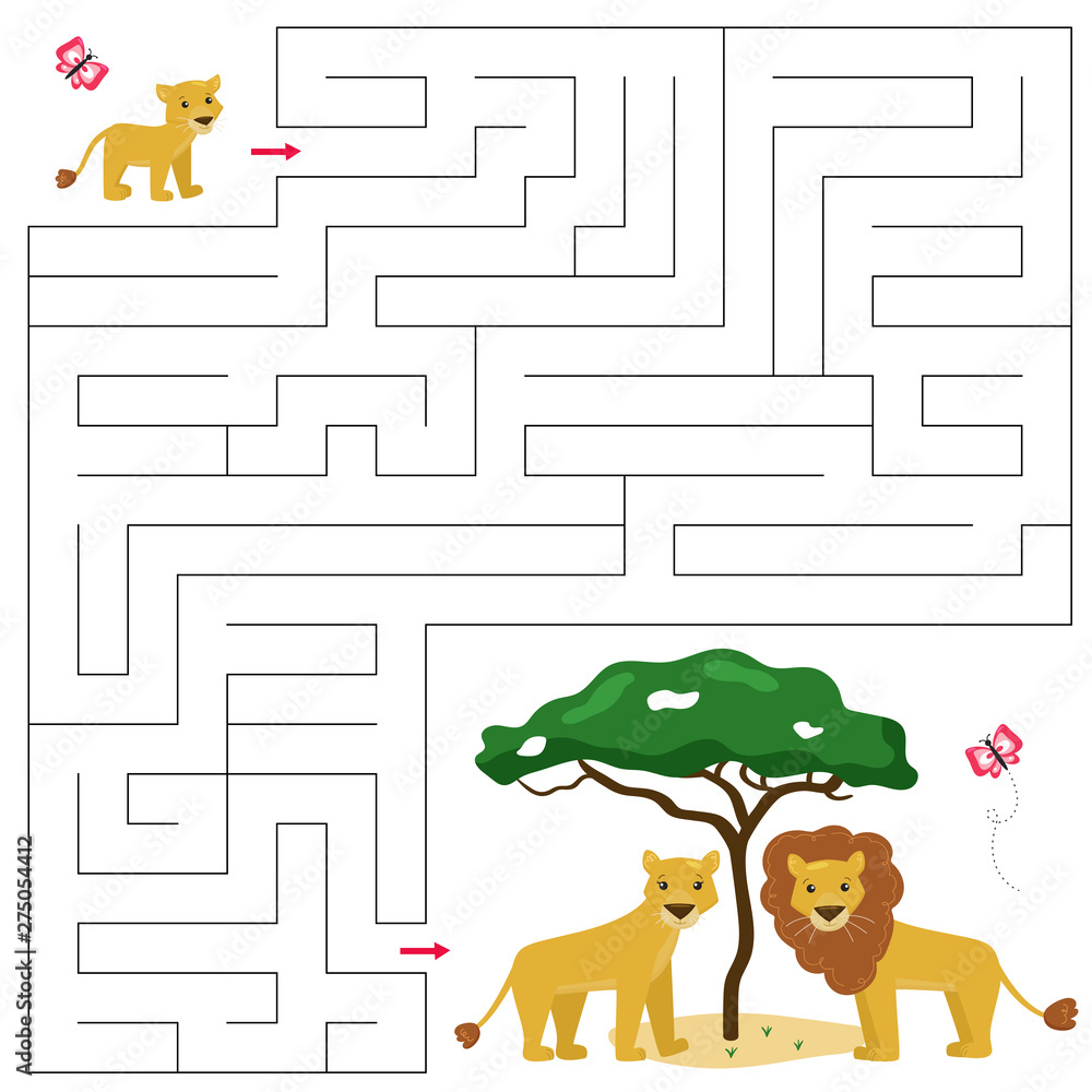 Maze game for children. Help the lioness find right way to his family ...