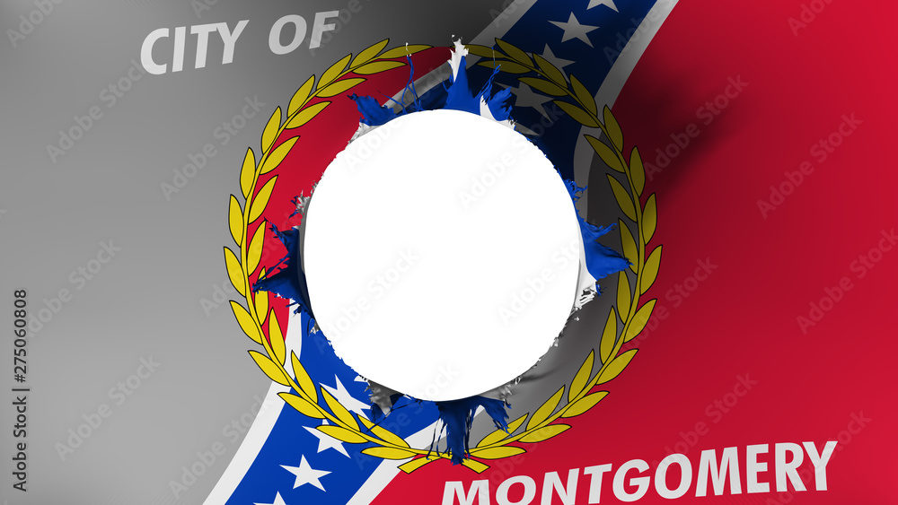 Hole cut in the flag of Montgomery city, capital of Alabama state ...