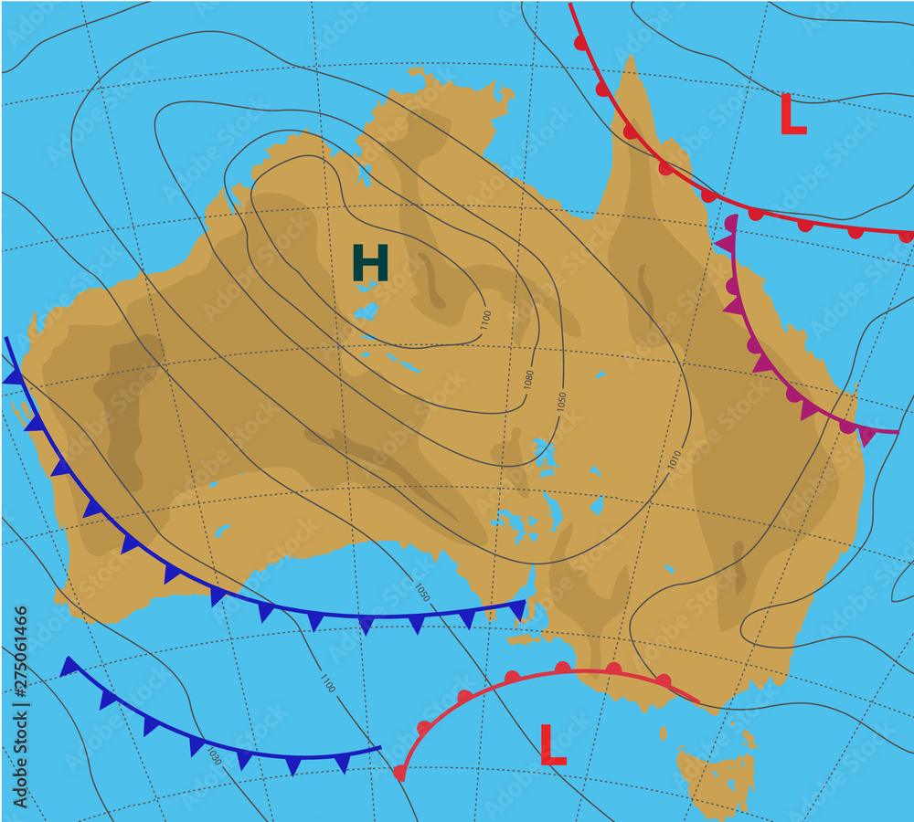 Weather forecast map of Australia. Meteorological plan of the country ...