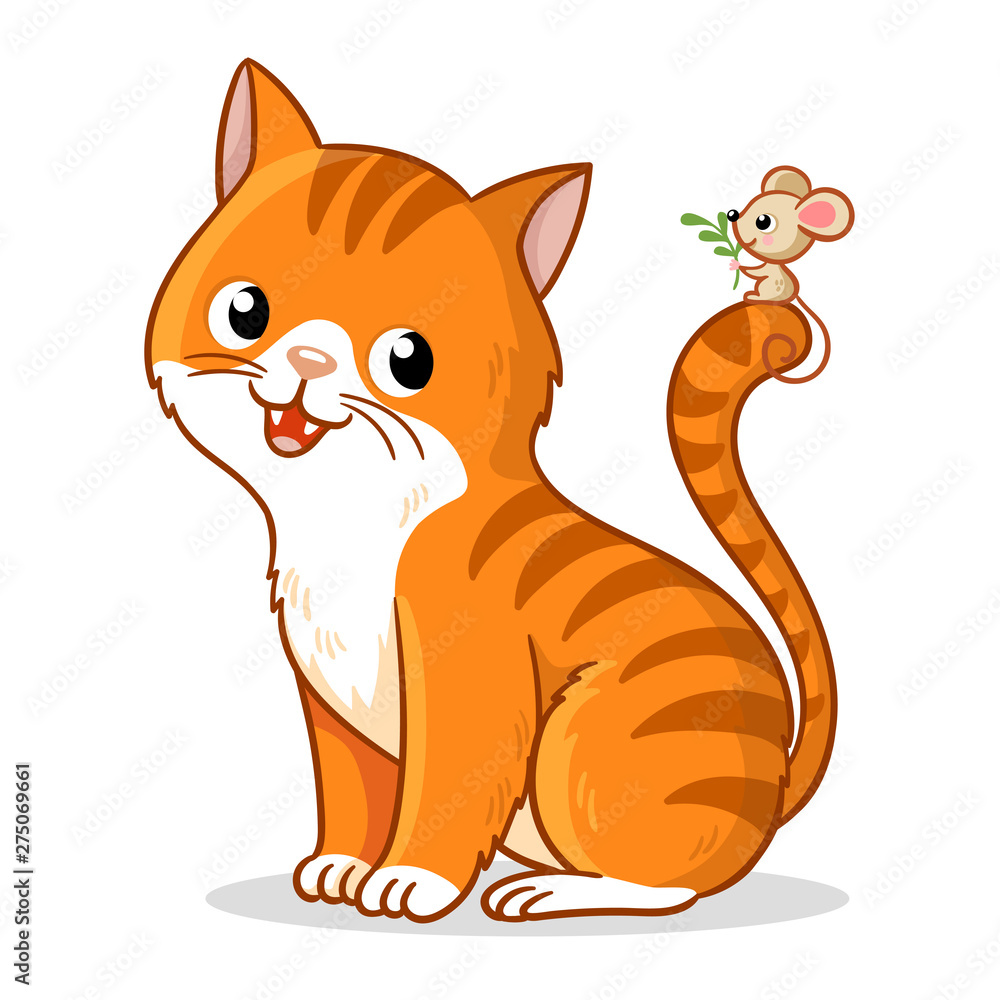 Cute cat with a cute little mouse on its tail. Stock Vector | Adobe Stock