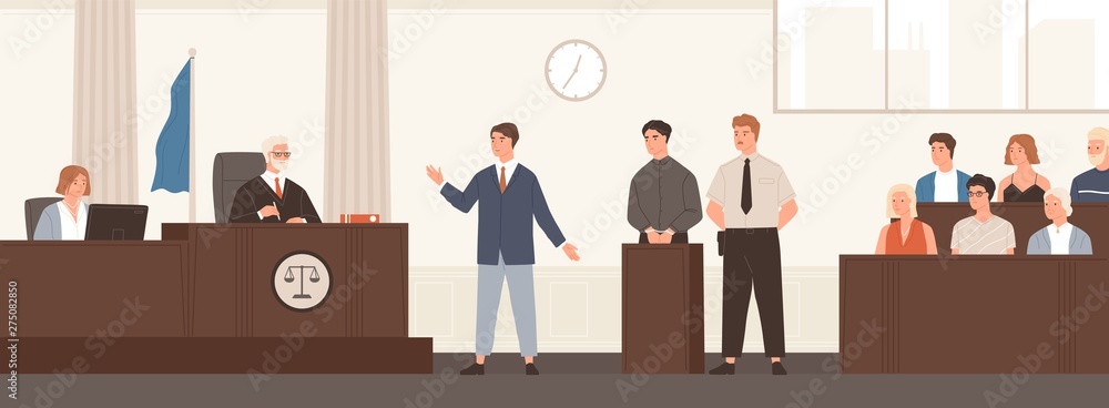 Advocate or barrister giving speech in courtroom in front of judge and ...
