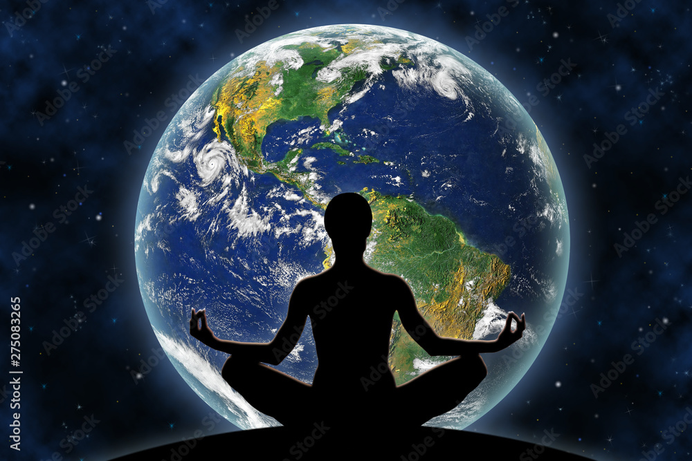 Female yoga figure against a space background and a planet Earth ...