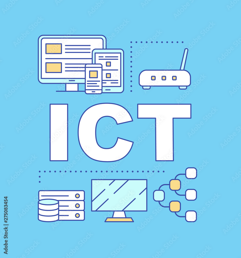 ICT blue word concepts banner. Presentation, website. Information and ...