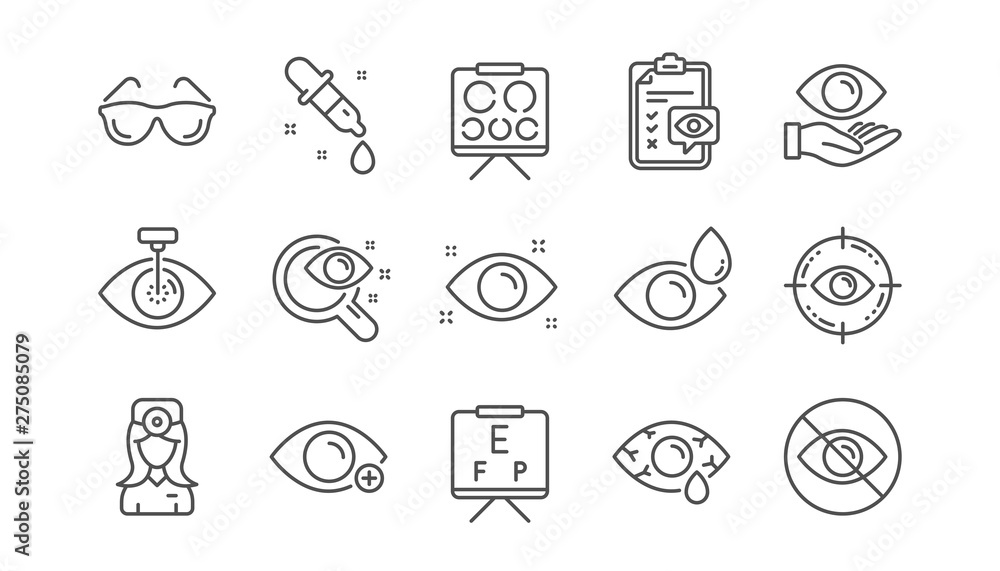 Optometry, Eye doctor line icons. Medical laser surgery, glasses and ...