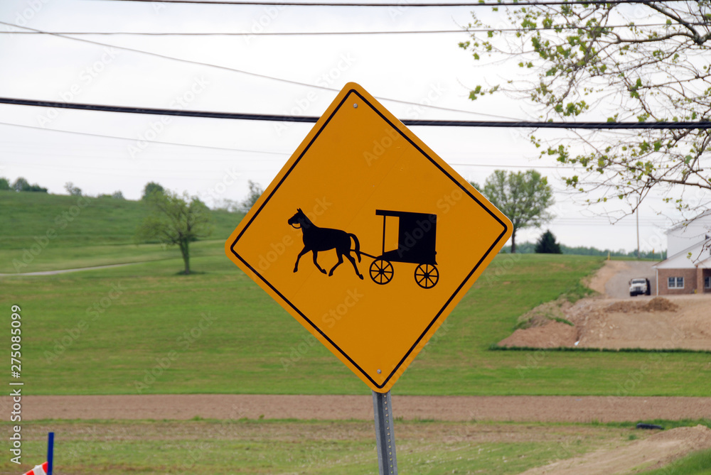 warning sign "horse drawn amish buggies" Stock Photo | Adobe Stock