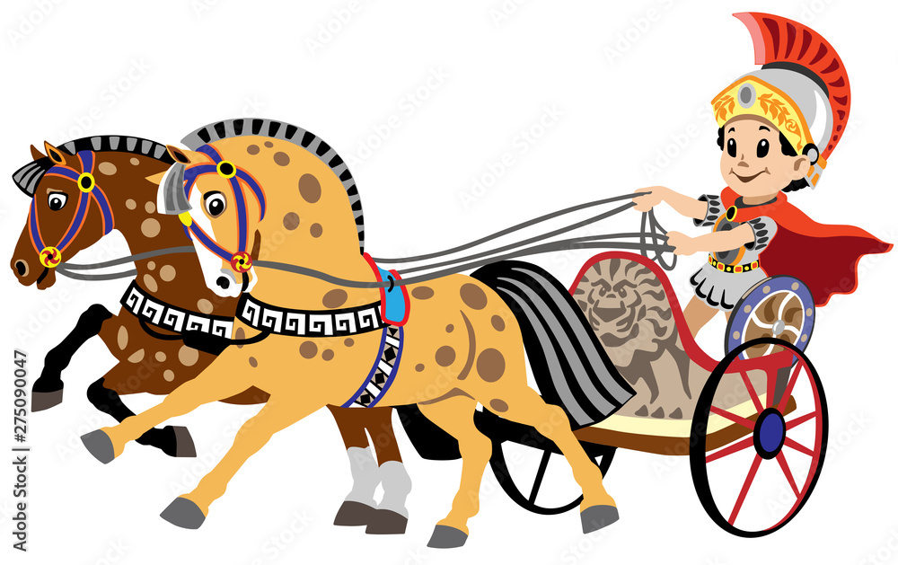 Vetor de cartoon boy in a roman war chariot pulled by two horses ...