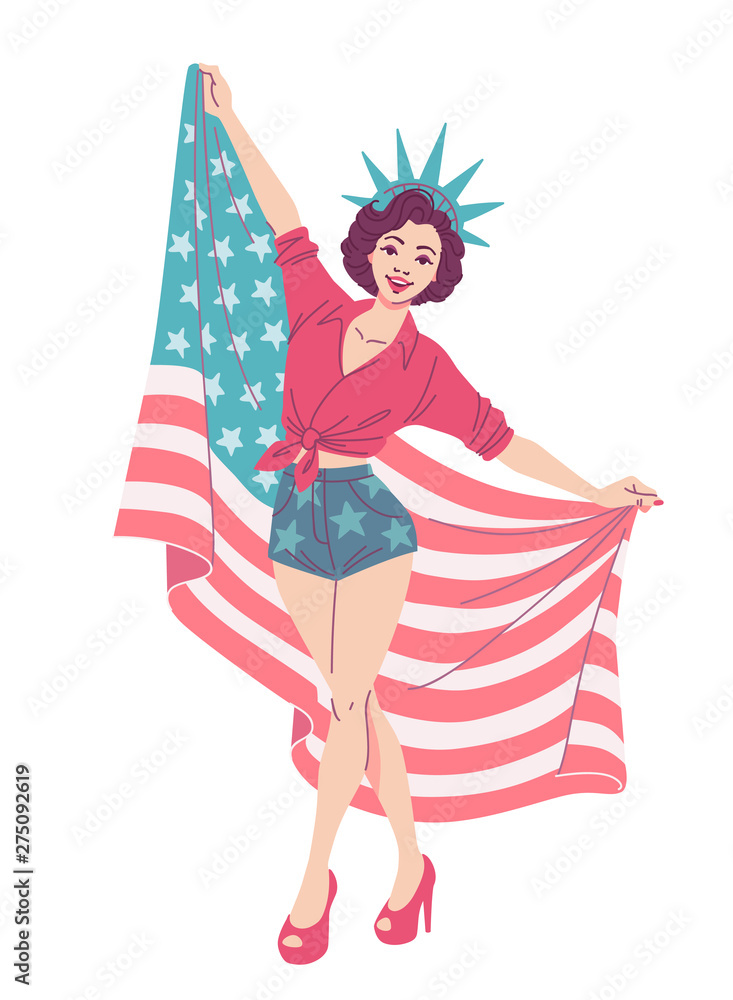 4th of July pin up style vintage poster. Retro lady with USA flag ...