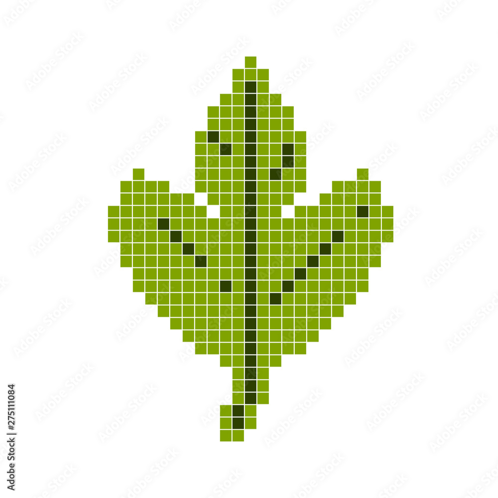 Green leaf on a white background. Pixel art, cartoon vector ...