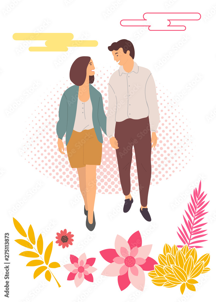 Dating couple walking together, people and blooming flowers with leaves ...