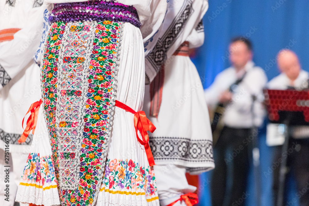 Detail of traditional folkloric costume of Romanian dancers perform a ...