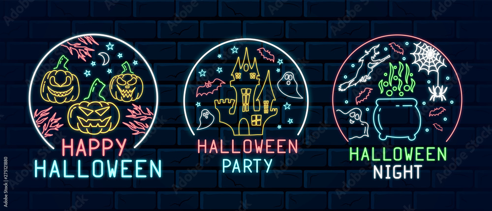 Halloween neon signs with pumpkins, hanted house, potion, witch, ghosts ...