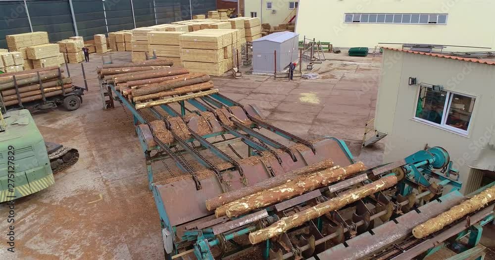Crane unloads logs on the sorting line. Automated log sorting at a ...