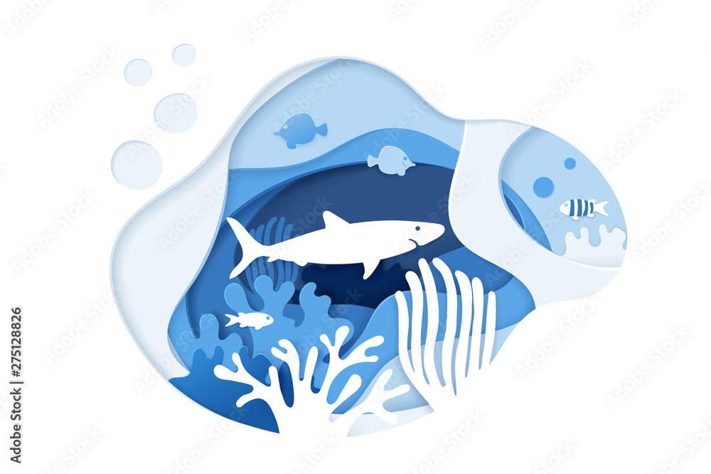 Shark diving.Scuba diving. Paper art coral reefs concept. Paper cut ...