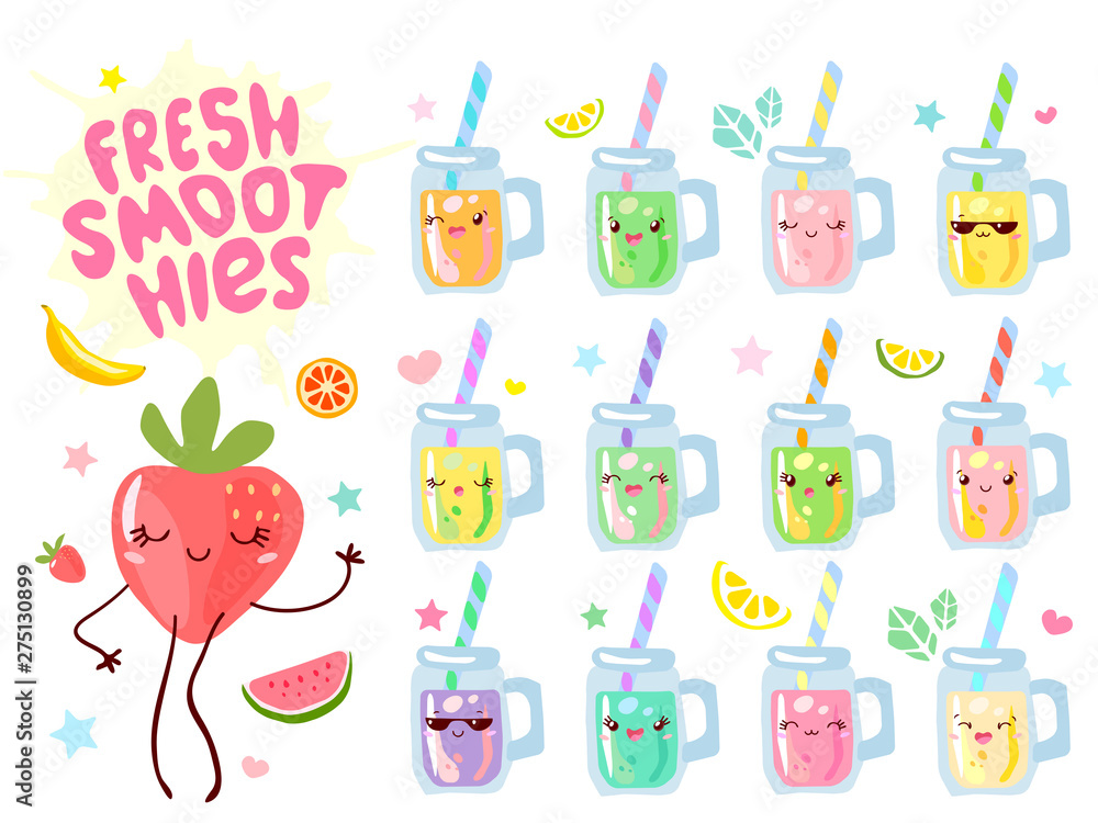 Cute fresh smoothie juice yogurt mugs jars funny characters set ...