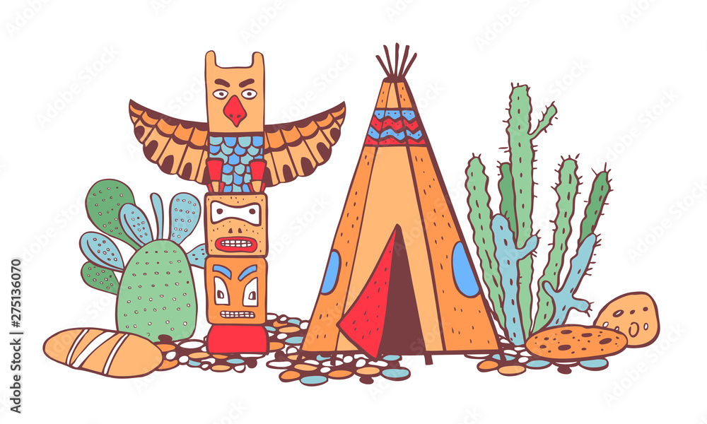 Native American indians traditional settlement. Tipi, totem pole and ...
