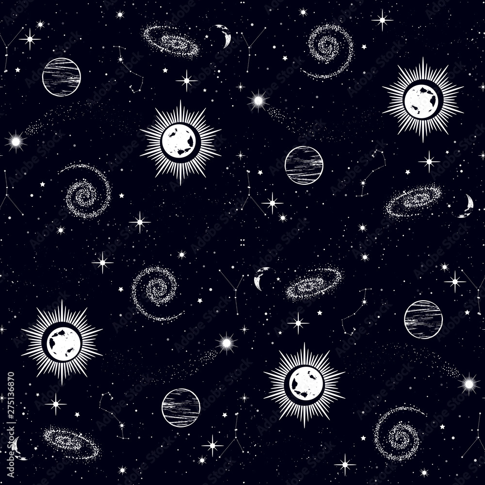 Space seamless pattern, beautiful galaxy, stars, planets ...