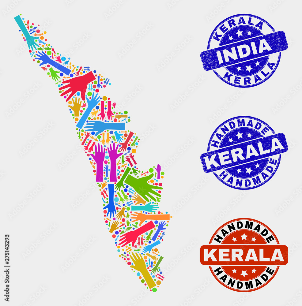 Vector handmade combination of Kerala State map and grunge stamp seals ...