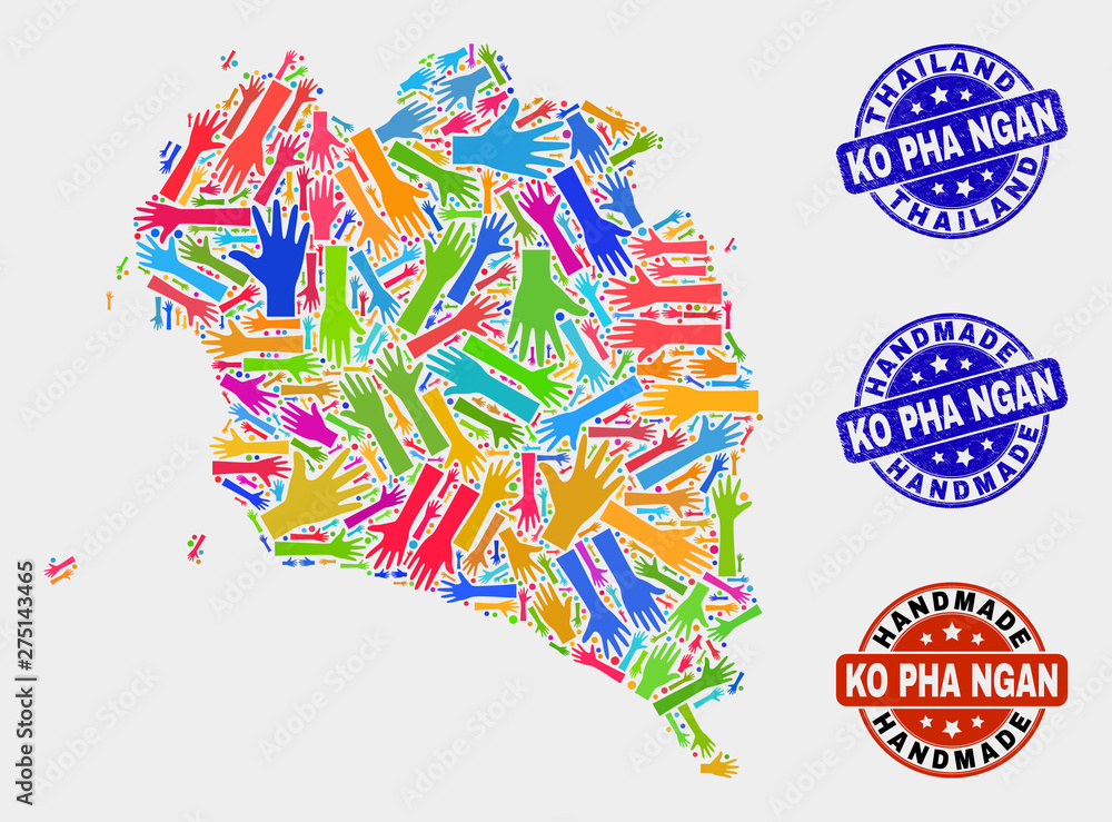 Vector handmade collage of Ko Pha Ngan map and scratched stamp seals ...