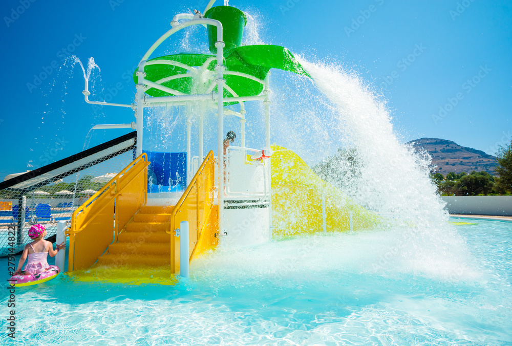 Children's water playgrounds and flip-flops with flowing, falling and ...