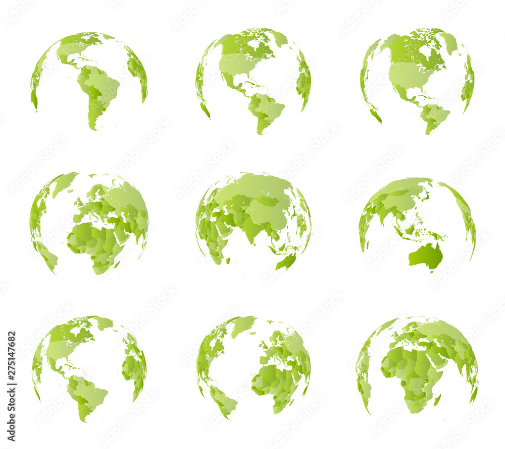 Globe, different sides view. All country borders on world political map ...