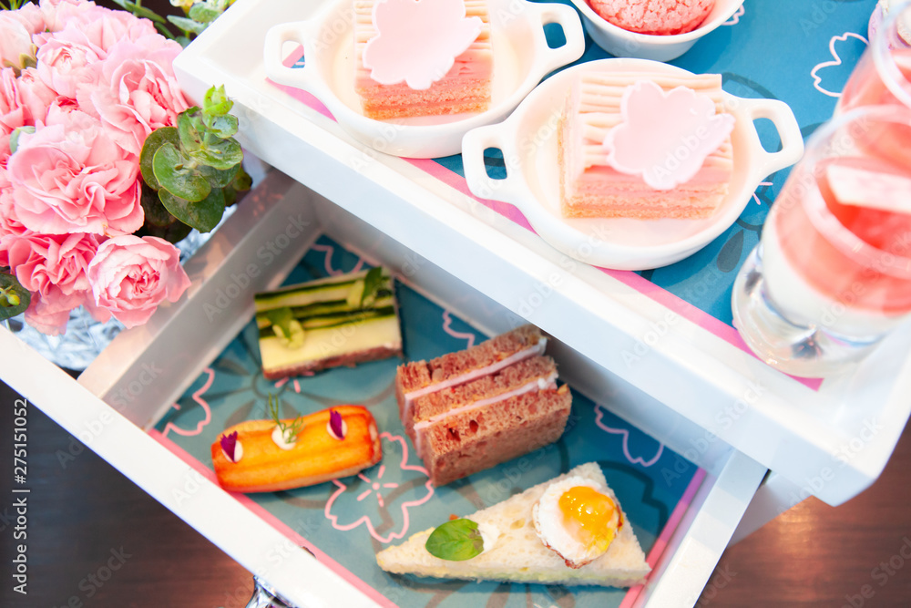 Sweet pastel peach and pink colorful set of afternoon tea in Sakura or ...