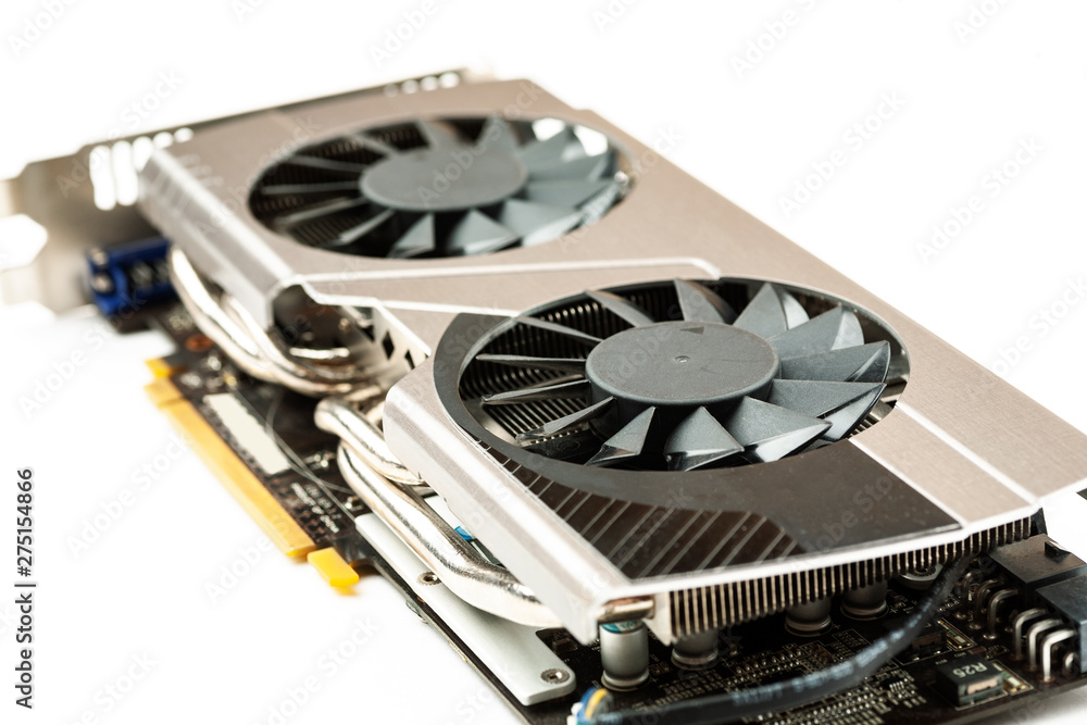 Computer graphic card with two fans on a white background, side view ...