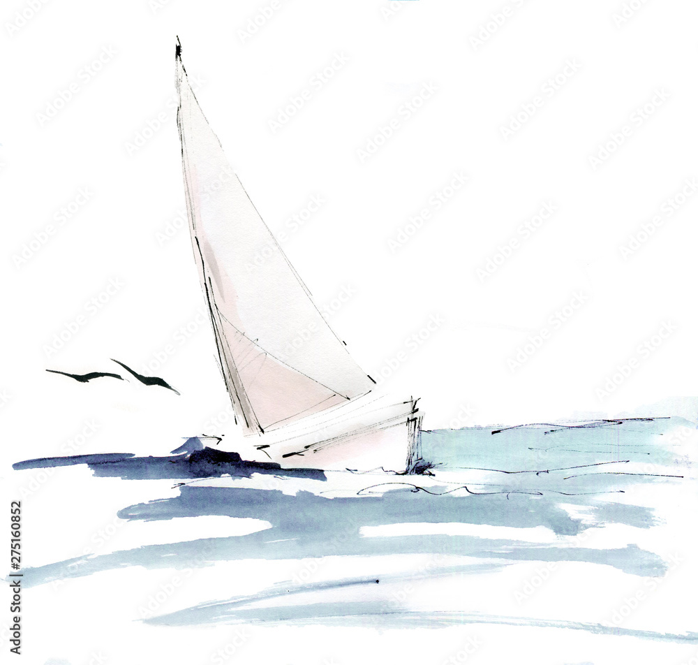 Yacht in sea with seagulls. Colorful watercolor hand painted ...