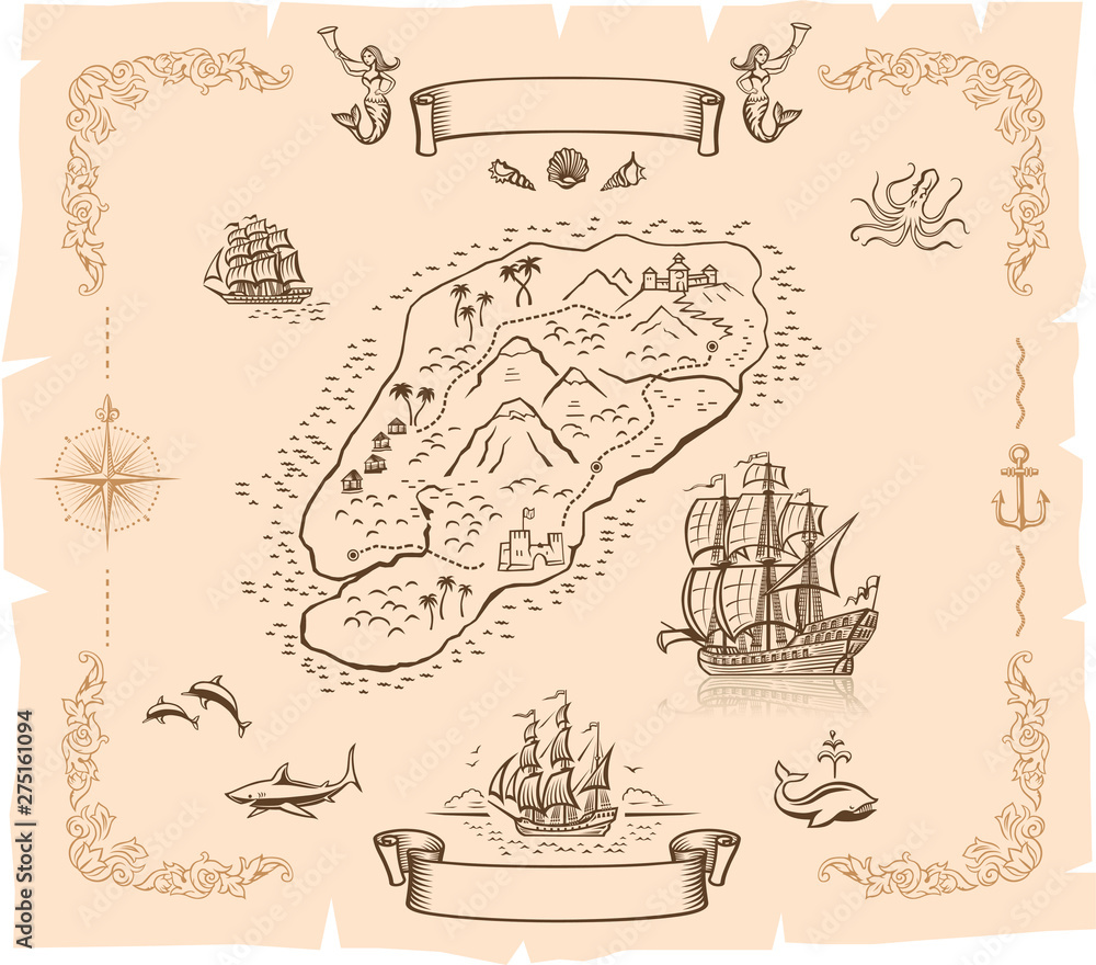 Tropical Isle Map with Marine Symbols Stock Vector | Adobe Stock