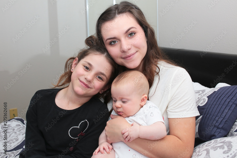 Close up Portrait of Three Beautiful Sisters , 3 Month Old Baby Girl, 7 ...
