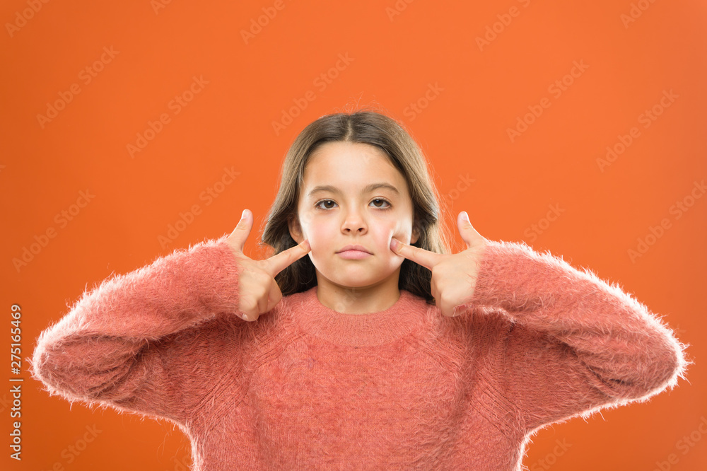 Face building exercises. Forever young. Girl cute kid elastic skin show ...