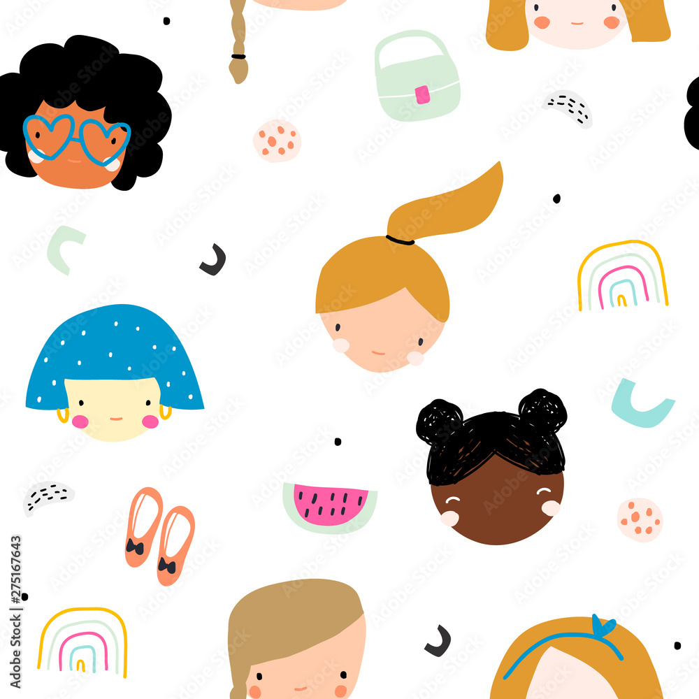 Seamless childish with beautiful faces of girls in a simple style ...