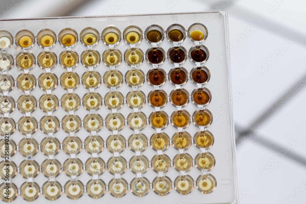 A close up and top view of a multi-well plate inside a science ...