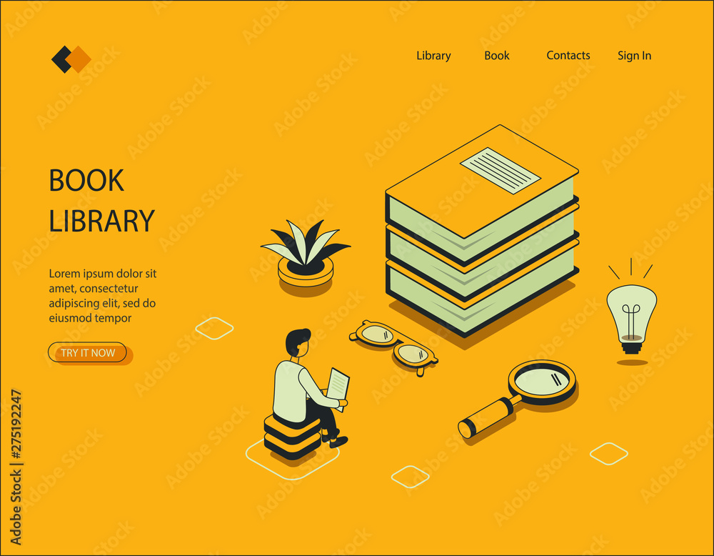 Isometric image on yellow background of book library. Visualization of ...