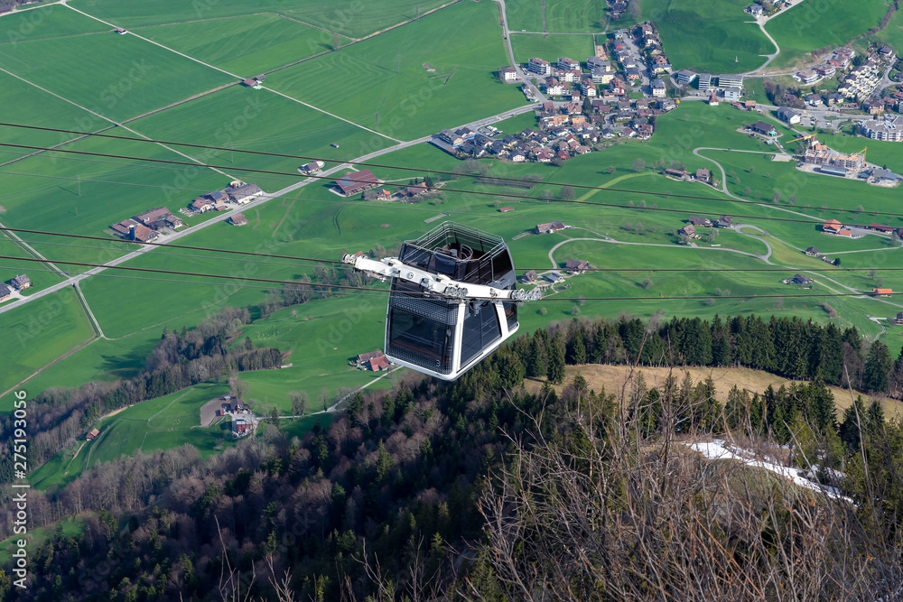 A gondola of the Cabrio cable car at the "Kalti" station. Stanserhorn ...