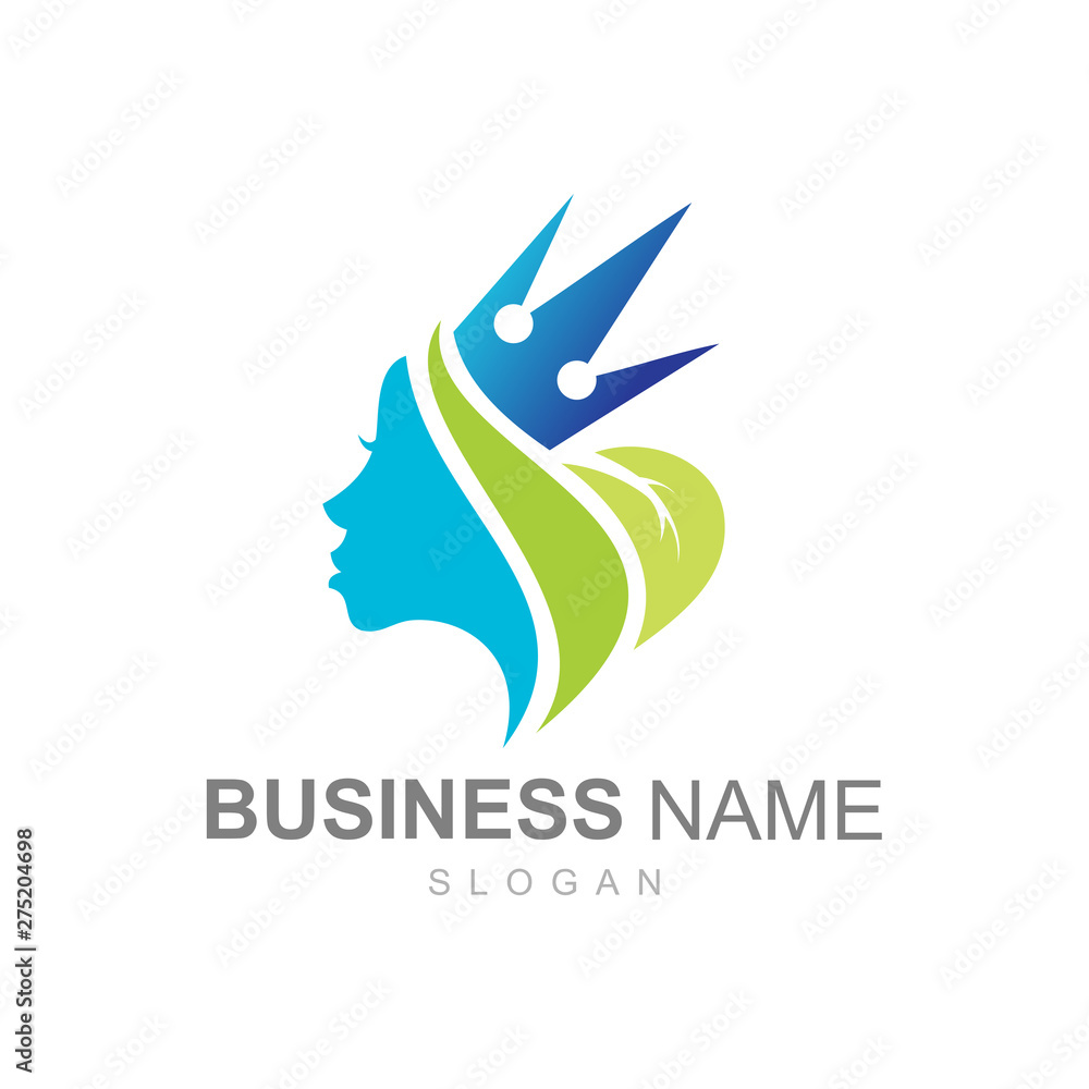 logo leaves with women wearing crown, queen logo design illustration ...